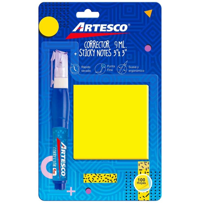 Corrector 9ml + notas adhe 3x3 100h amarillo neon blstrx2 artesco ...